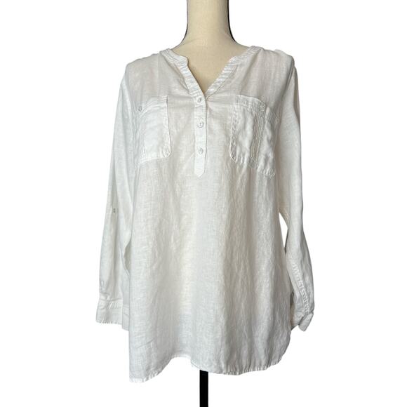 Talbots | Tops | Talbots 0 White Linen Blouse Wroll Tab Sleeves Size Xl ...